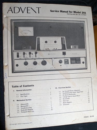ADVENT 201 Service Manual Cassette Deck Original Starting Serial Number ...