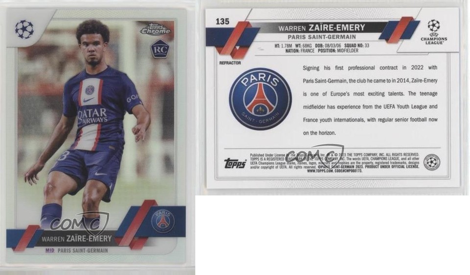 2022 Chrome UEFA Club Competitions Refractor Warren Zaire-Emery Zaïre ...