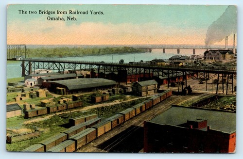 POSTCARD Omaha Nebraska Two Bridges from Railroad Yards Trains Factory ...