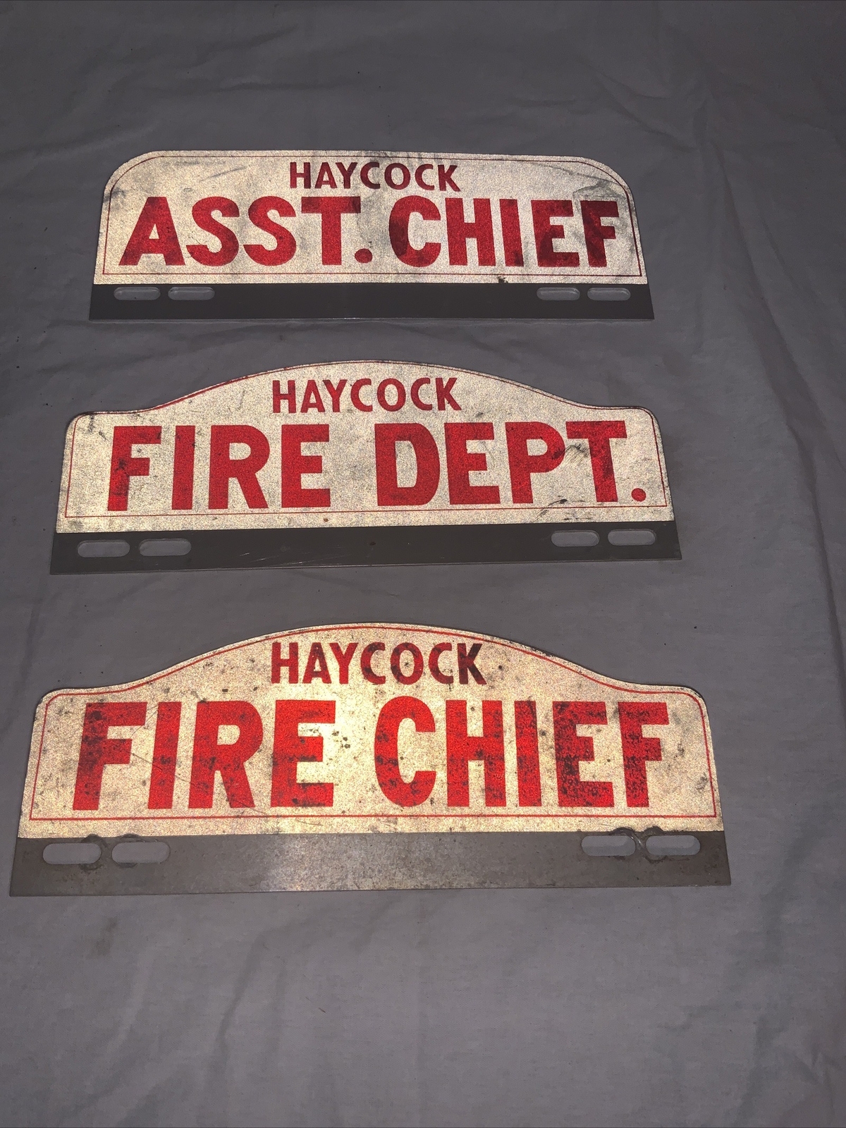Haycock PA Fire Dept. License Plate Topper Lot Of 3 w/ Fire Chief, Asst ...