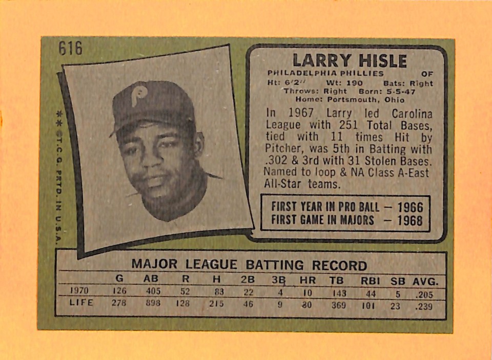 1971 Topps #616 Larry Hisle Philadelphia Phillies | eBay