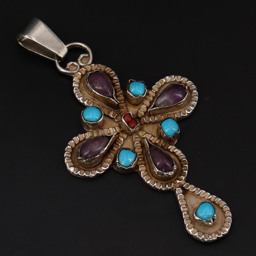 VTG Sterling Silver MEXICO Turquoise Coral & Amethyst Cross Necklace ...