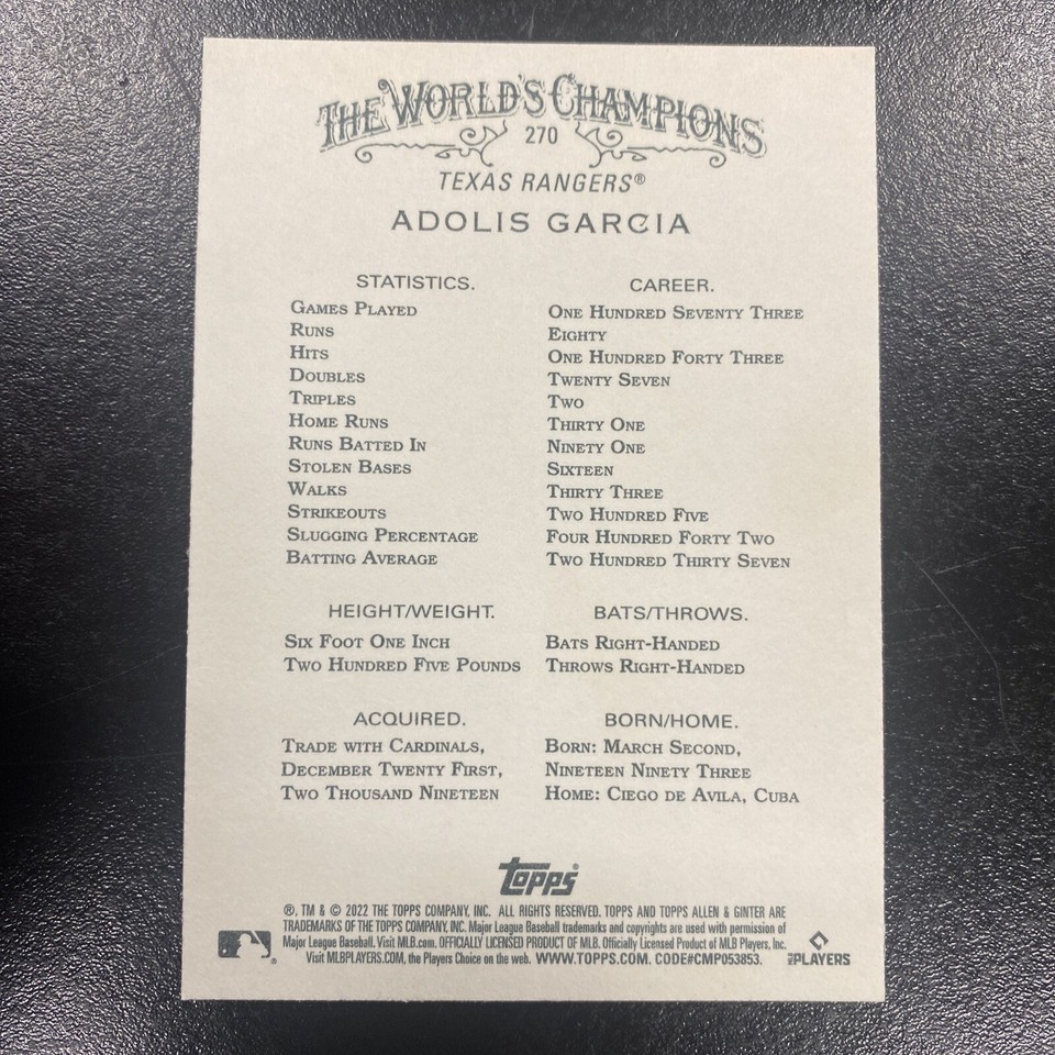 2022 Topps Allen & Ginter #270 Adolis Garcia Texas Rangers (El Bombi ...
