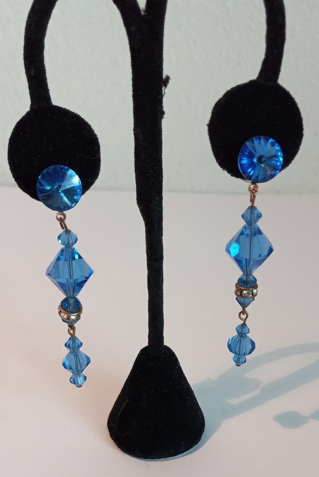 brilliant blue long dangle crystal drop pierced earrings 2 1/2" long | eBay