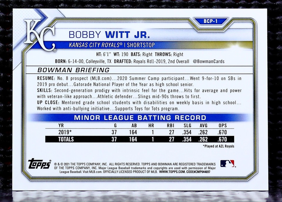BOBBY WITT JR. - 2021 BOWMAN CHROME MEGA BOX PROSPECT BLUE REFRACTOR # ...