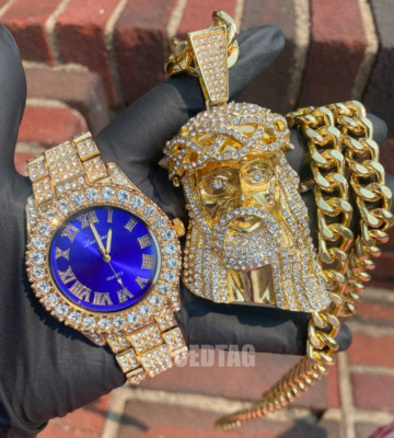 Iced Blinged Out Luxury Blue Watch, 30" Chain Religious Jesus CZ ...