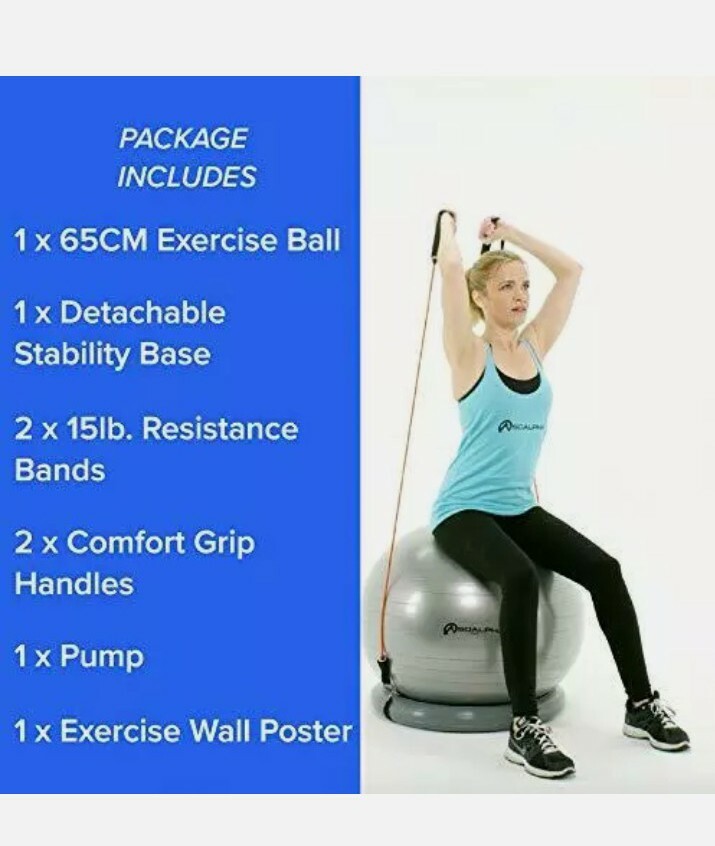 Premium Exercise 65 Cm Fitness Ball With 15lb Resistance Bands Home Gym ...