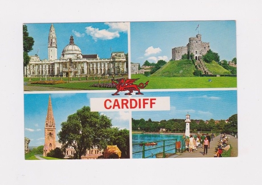 VINTAGE CARDIFF CASTLE & CITY HALL POSTCARD RPPC WORLD STAMPS CANCEL ...