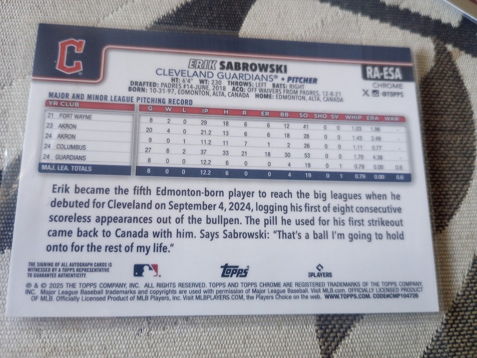 2025 Topps Chrome Erik Sabrowski RC RA-ESA Auto Aqua Wave On Card ...