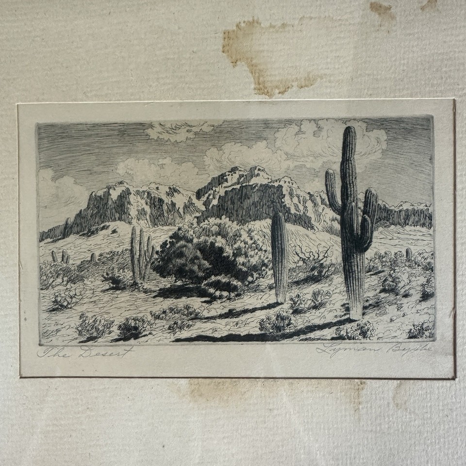 Lyman Byxbe “The Desert” Vintage Etching Framed Cactus Scene Southwest ...