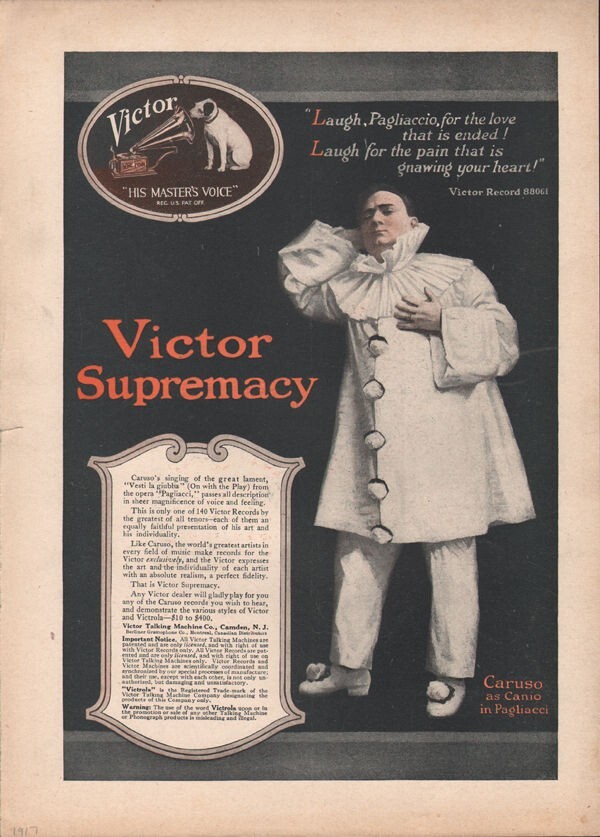 1917 VICTOR SUPREMACY RECORD CARUSO PHONOGRAPH CAMDEN ACTOR THEATER ...