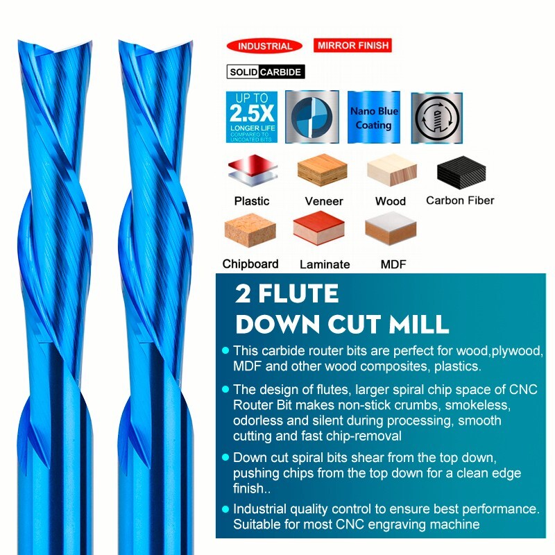 1PC 1/4" Shank Down Cut Carbide Spiral End Mill Double Flute CNC Router ...