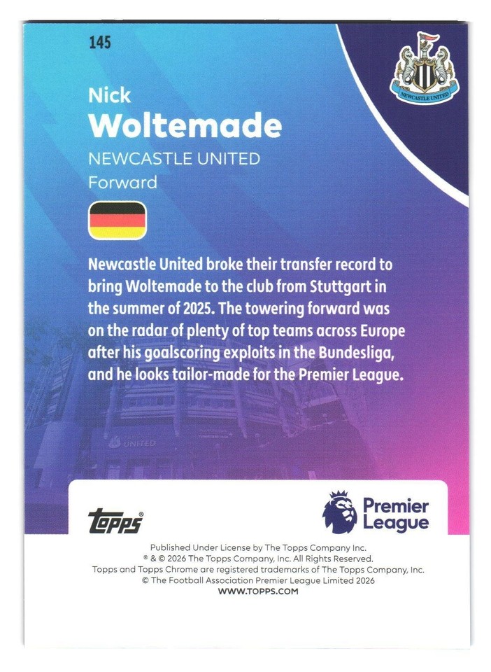 2025-26 Topps Chrome Premier League Newcastle United Nick Woltemade ...