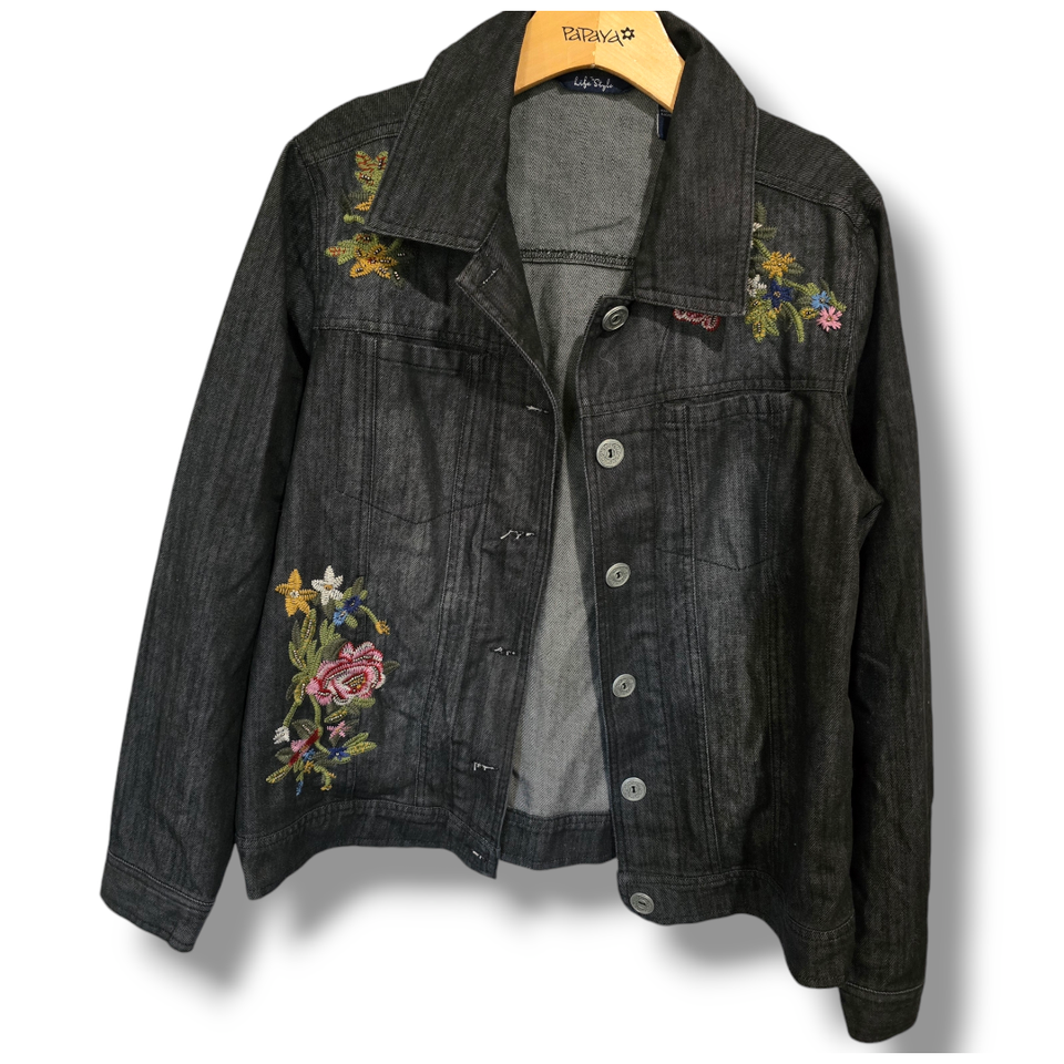 Life Style Boho Chic Embroidered Beaded Denim Jacket Women’s Medium Dark Wash | eBay