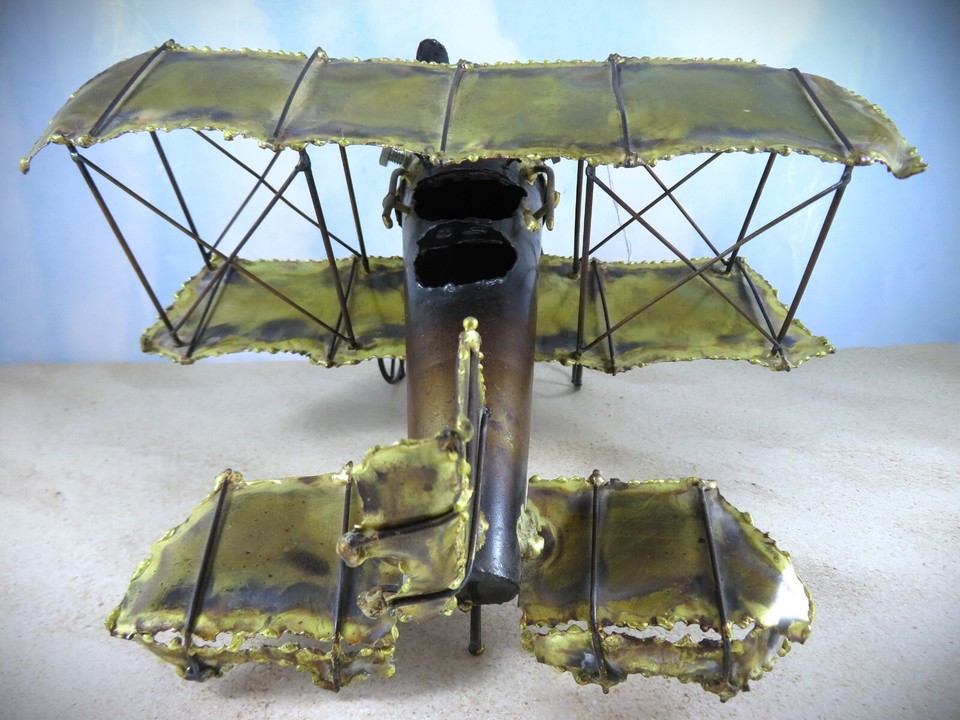 Handcrafted Brass Metal Biplane Sculpture Brutalist Art Soldered Burnt ...