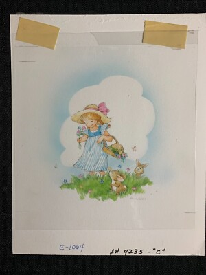 REJOICE Cute Girl w/ Flowers & Bunny Rabbits 7x8.5" Greeting Card Art ...
