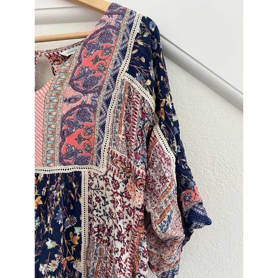 Sundance Floral Patchwork Mini Dress Womens Large Boho Chic Festival ...