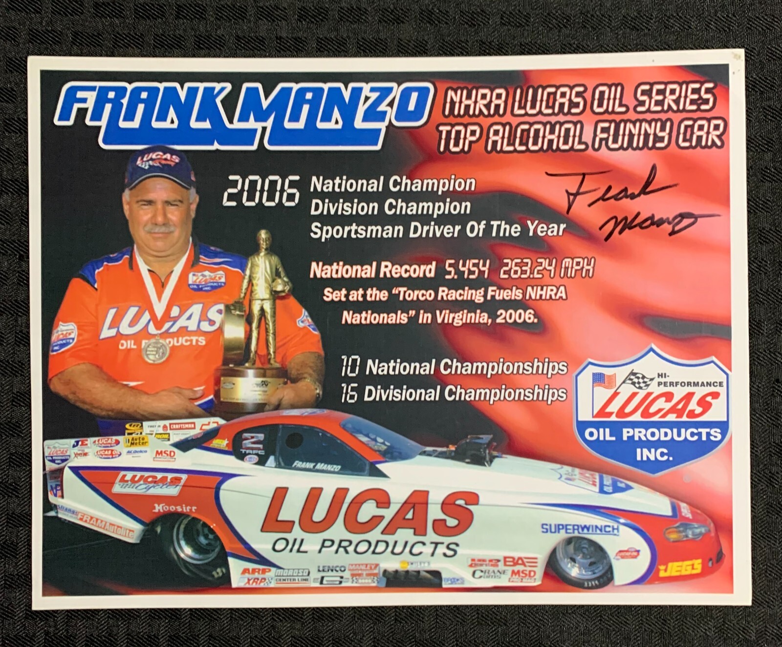 SIGNED Frank Manzo - Lucas Oil Products 11x8.5" Racing Promo Card FVF 7 ...