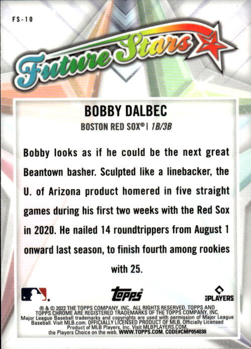 2022 Topps Chrome Bobby Dalbec #FS-10 Future Stars Boston Red Sox 7C | eBay