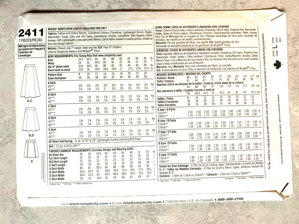 Simplicity Sewing Pattern #2411 Skirt Misses' Size 8-16 Easy UNCUT New ...