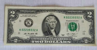 RARE $2 Dollar Bills - Series 2013 District K # K02239333A & K02239332A ...