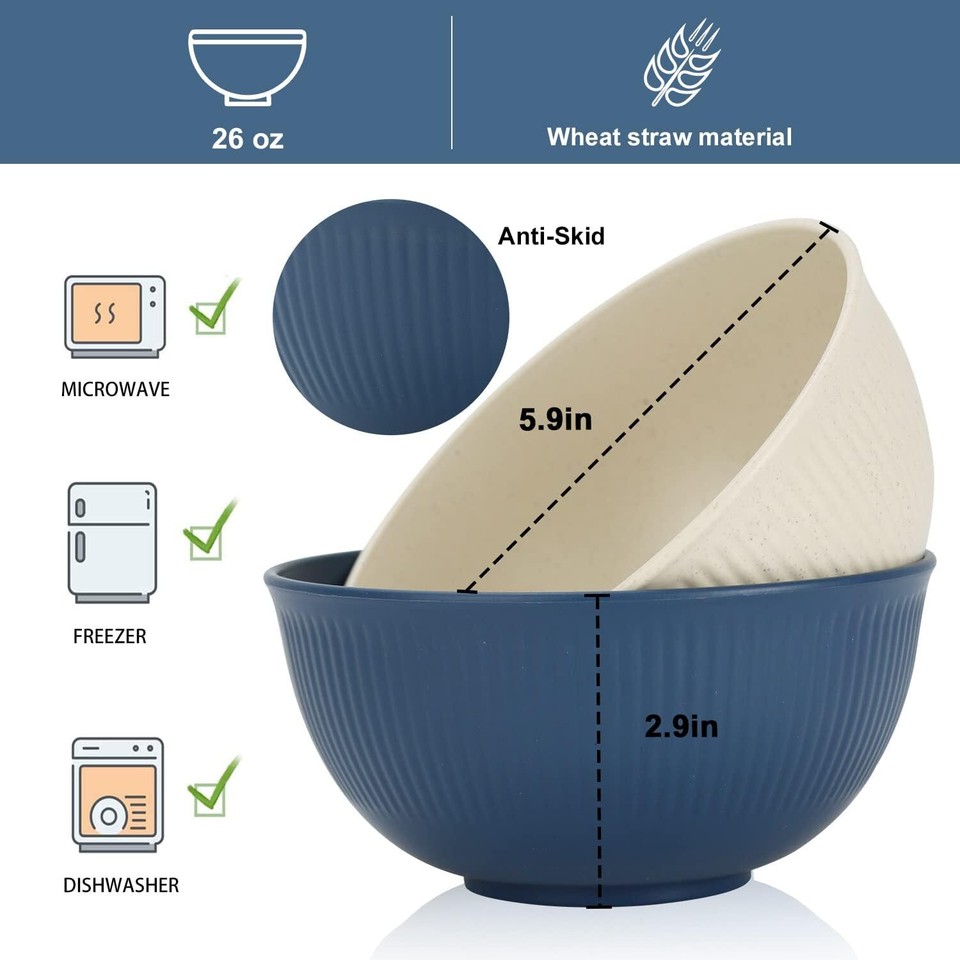 Wrova Wheat Straw Bowl Sets,8 PCS Unbreakable Cereal Round, Navy Blue ...