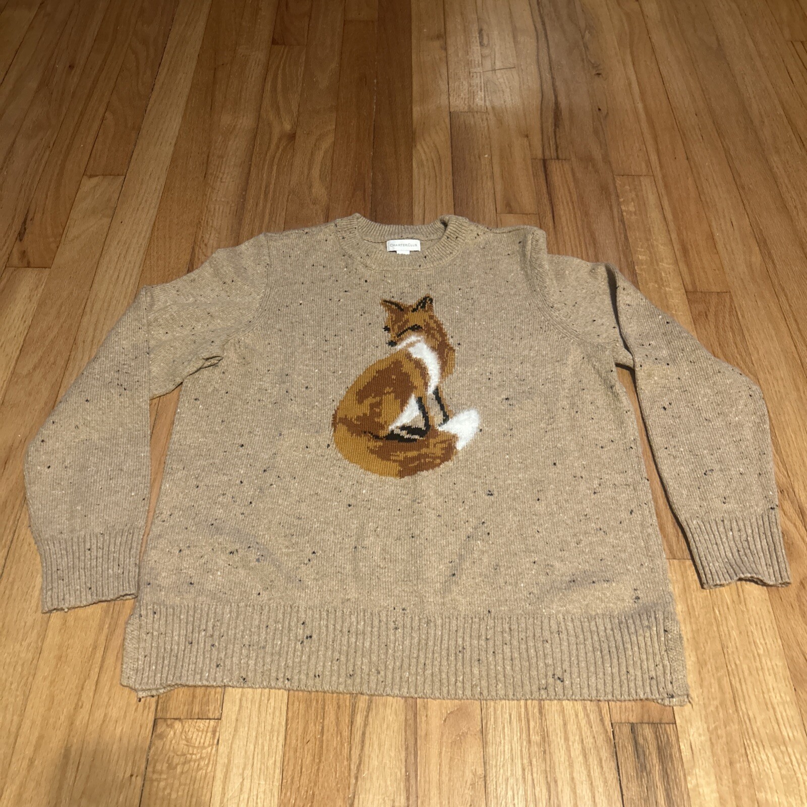 Charter Club Fox Graphic Beige Pullover Sweater Size … - Gem