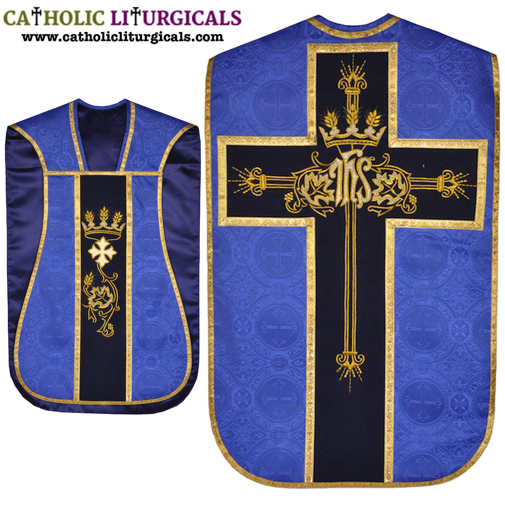 Dark Blue Roman Chasuble Fiddleback Vestment 5pc mass set Casulla Felt ...