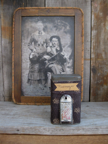 Antique Pantry Tin Brown Calico Sleeve Nutmeg Label Toy Grater | eBay