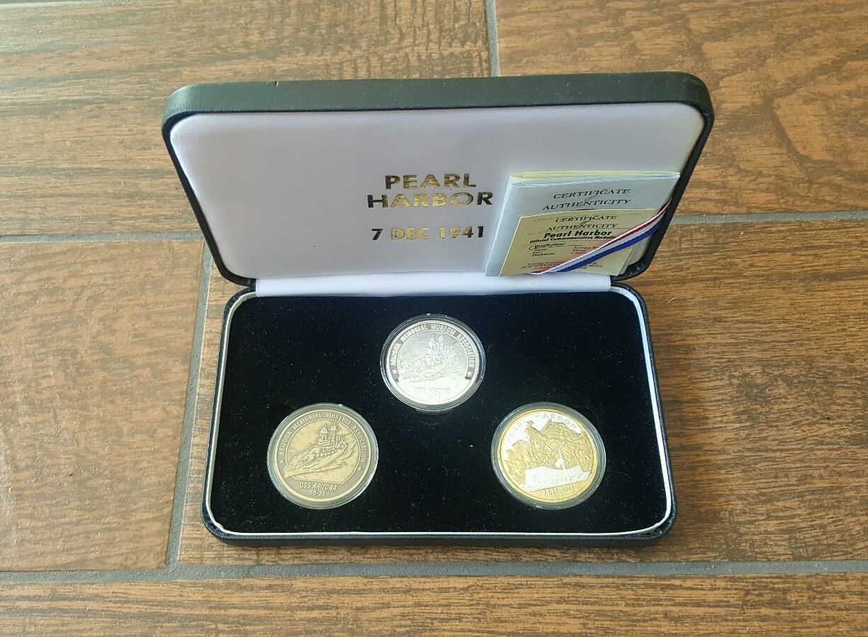 Pearl Harbor U.S.S. Arizona Commemorative Medallion .999 silver 3 Piece ...