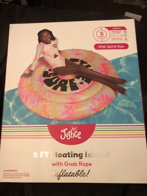 Justice 5ft Floating Island Pool Float w/ Grab Rope, Pink Spiral Tie ...