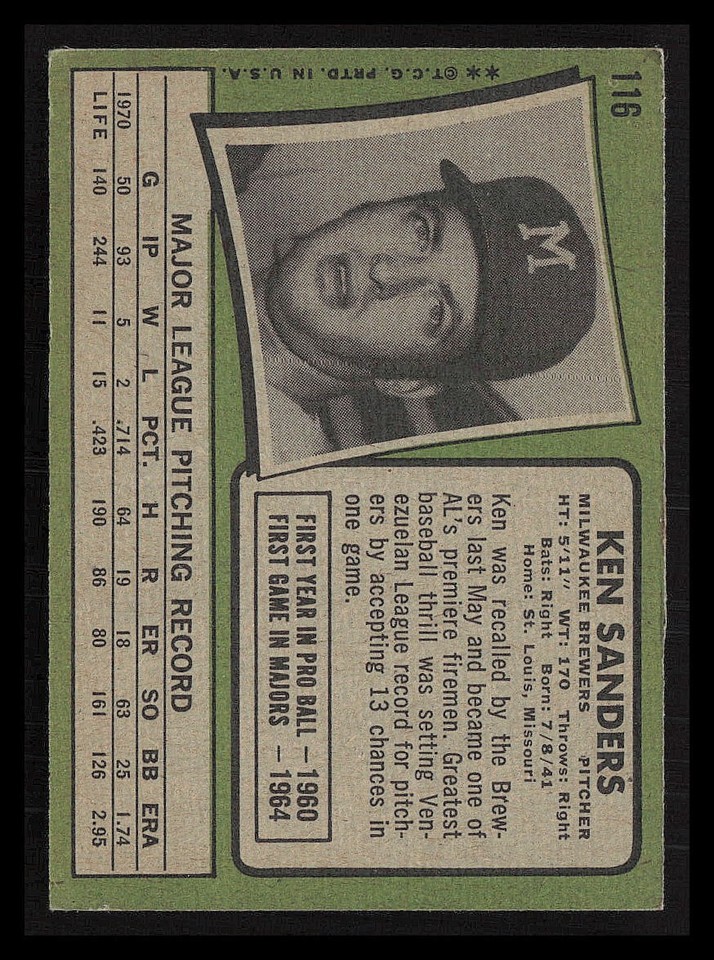 Ken Sanders 1971 Topps #116 Milwaukee Brewers | eBay