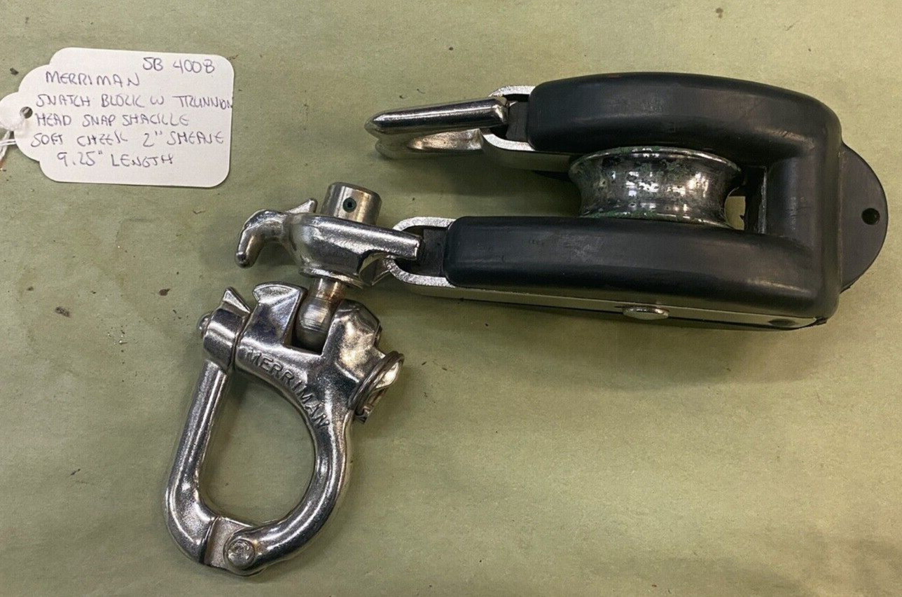 Merriman Snatch Block w/ trunnion snap shackle head soft cheeks., 2 ...