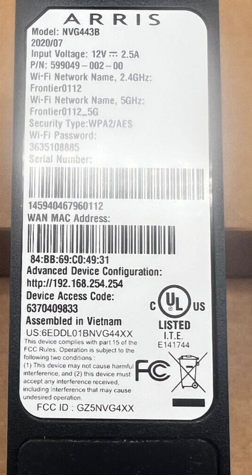 ARRIS Frontier NVG443B Dual Band Wi-Fi DSL Router with Power Cable ...