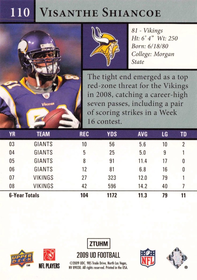 Visanthe Shiancoe #110 2009 Upper Deck Minnesota Vikings | eBay