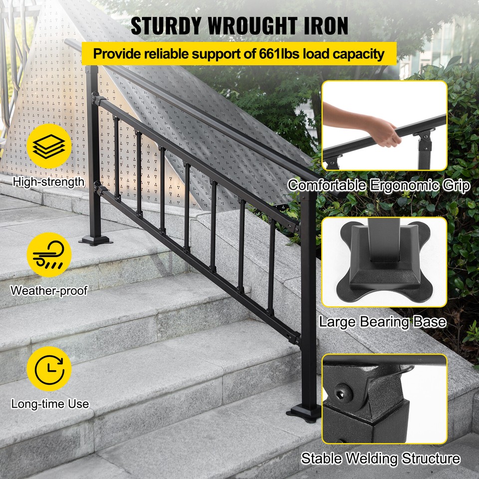VEVOR Iron Handrail Stair Railing Hand Rail Kit 0-5 Steps Outdoor Black ...