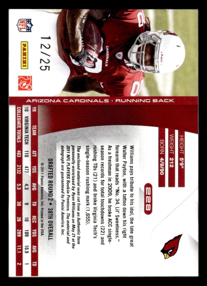 2011 ABSOLUTE MEMORABILIA RYAN WILLIAMS 228 PRIME RPA RC PATCH ...