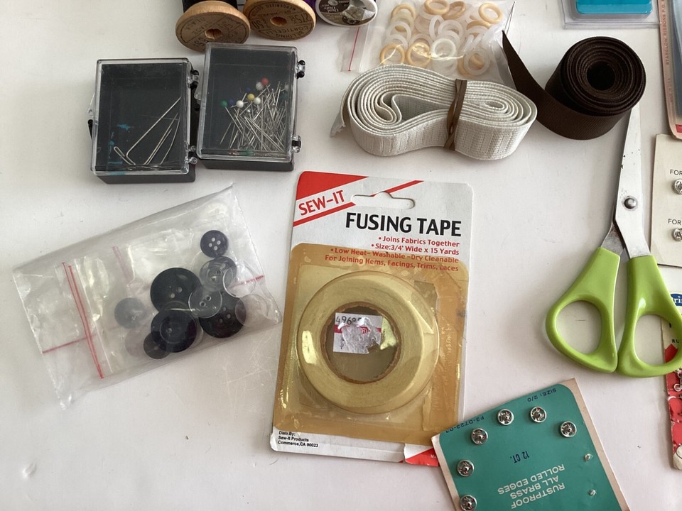 Lot of Assorted Sewing Supplies Trim elastic needles thread snaps pins ...
