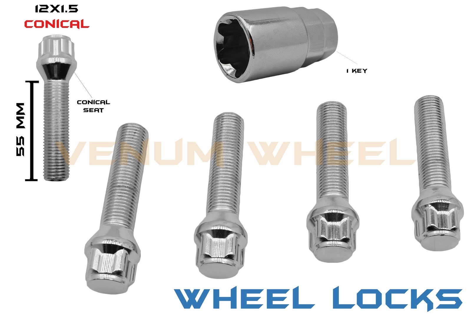 Conical 55 MM Shank Extended Wheel Locks M12x1.5 + Socket Fits BMW ...
