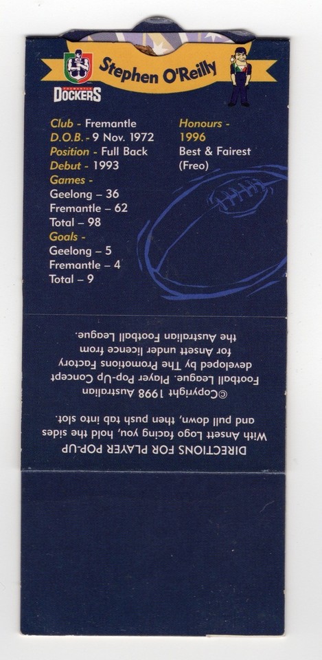 AFL Ansett Cup 1998 Stephen O’Reilly Fremantle Dockers Pop-up | eBay