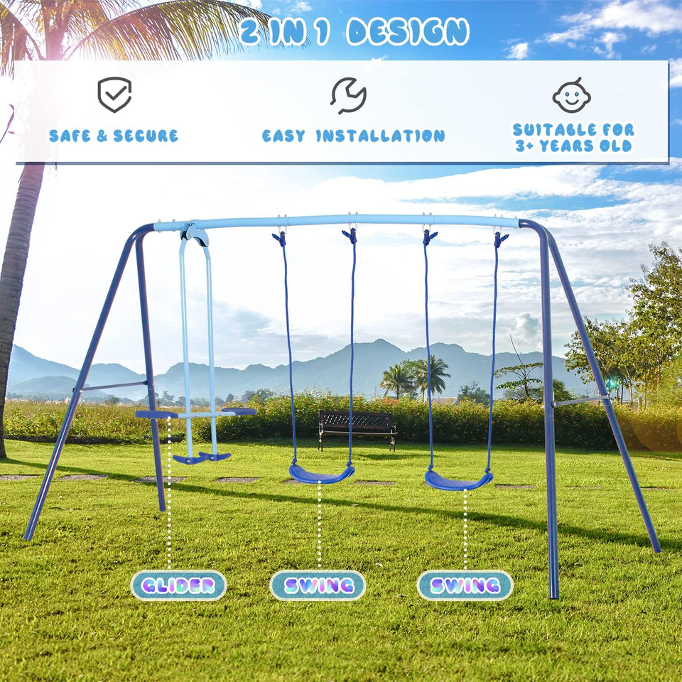 2 in 1 Metal Swing Set with Glider, Heavy Duty A-Frame with Two Swings ...