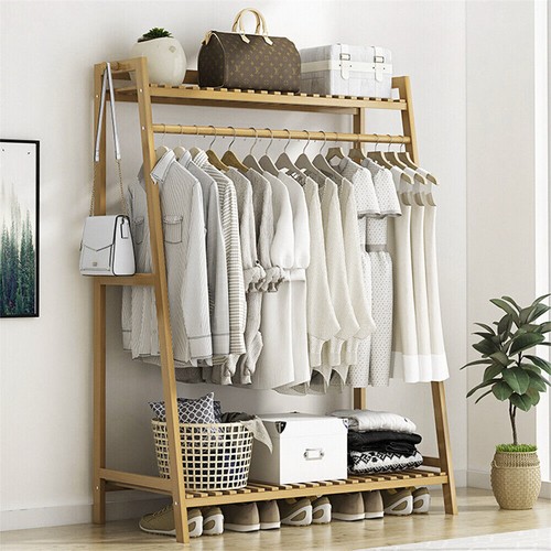 Open Wardrobe Wooden Clothes Rail Rack Garment Display Stand w/ Bottom ...