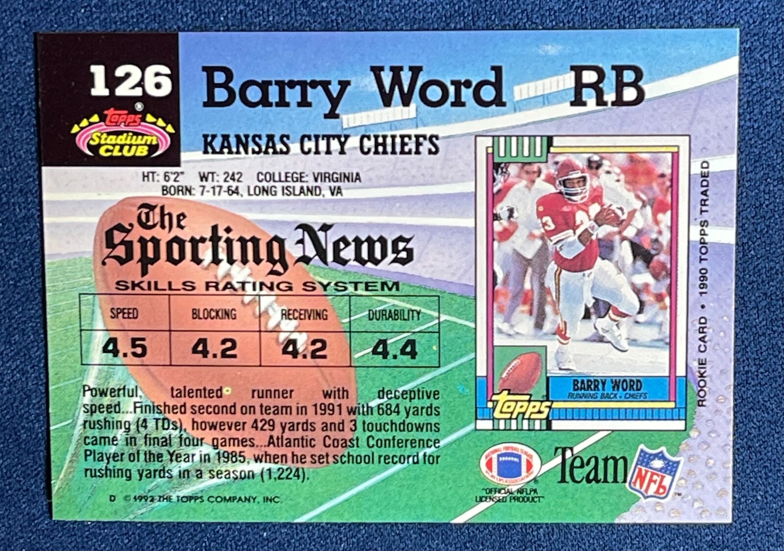 1992 TOPPS STADIUM CLUB #126 BARRY WORD (KANSAS CITY CHIEFS) FOOTBALL ...