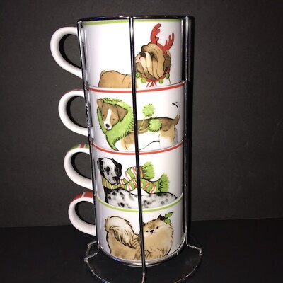 Pier 1 Imports Stackable Coffee Mugs Christmas Dogs With Metal Display ...
