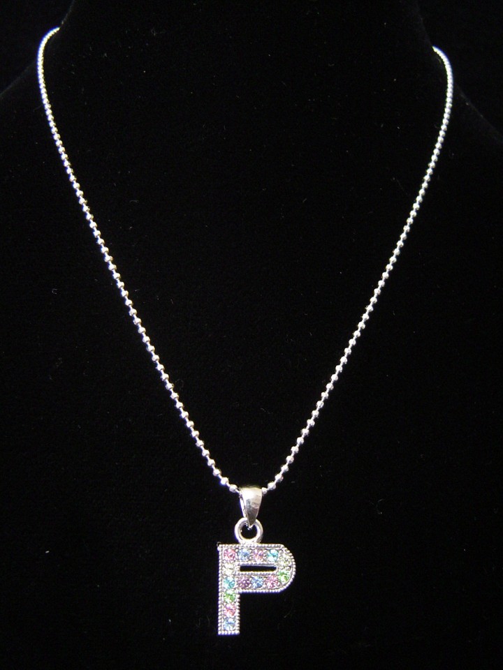 "P" LETTER INITIAL ALPHABET PENDANT CHARM NECKLACE SILVER TONE CRYSTAL ...