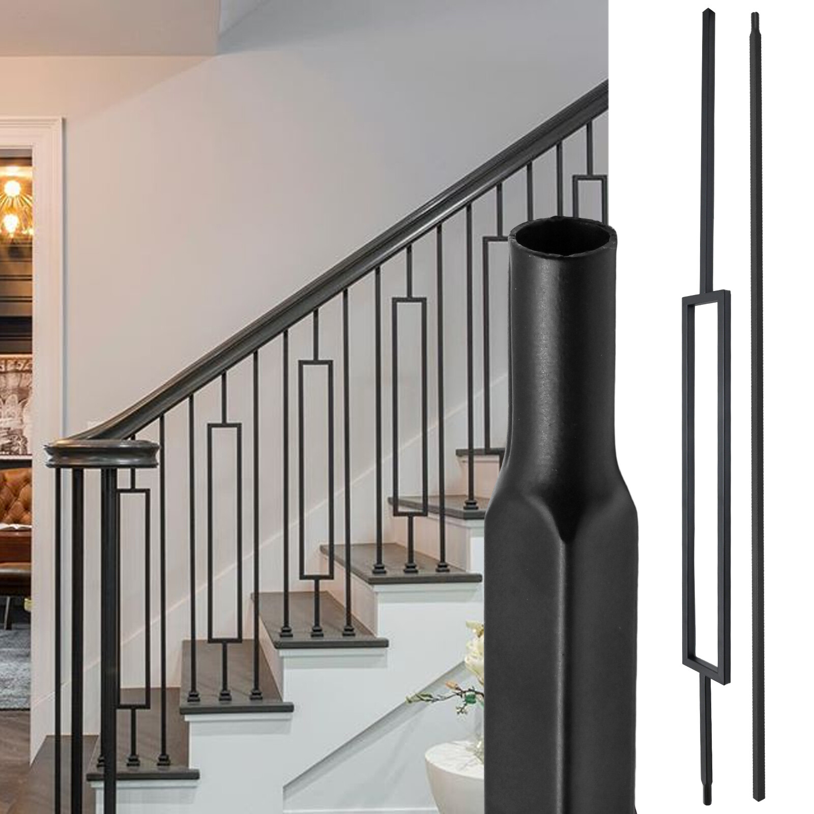 10* 44in Black Iron Balusters Rectangular 1/2"Hollow Square Iron Stair ...