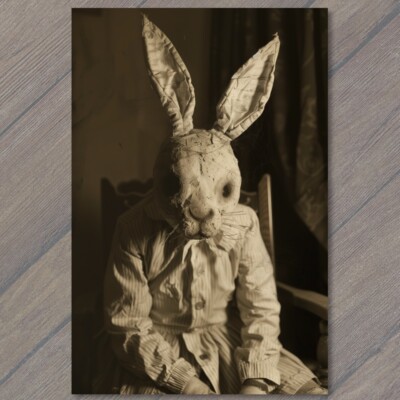 POSTCARD Rabbit Weird Creepy Vibe Easter Bunny Scary Mask Cult Strange ...