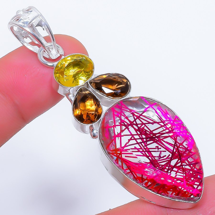 Pink Rutile Quartz, Smokey Pendant 925 Sterling Silver Jewelry Pendant ...