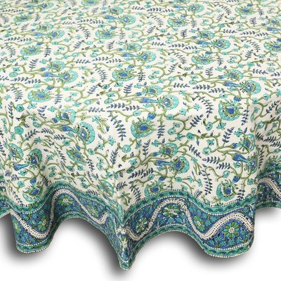 Hand Block Print Tablecloth Round 72 inch, 100% Cotton Blue Green ...
