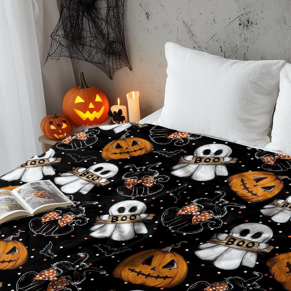Halloween Flannel Blanket Throw, Jack-O-Lantern Ghost Cat Dots Soft ...